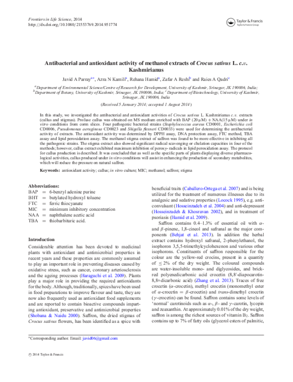 (PDF) Antibacterial and antioxidant activity of methanol extracts of Crocus sativus L. c.v ...
