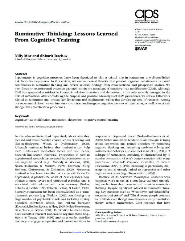 (PDF) Ruminative Thinking: Lessons Learned From Cognitive Training
