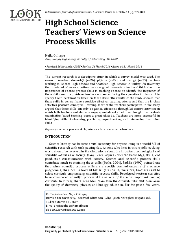 (PDF) High School Science Teachers' Views on Science Process Skills