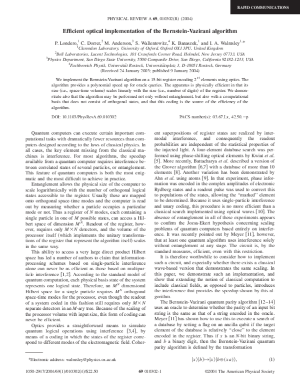 Efficient Optical Implementation Of The Bernstein Vazirani Algorithm