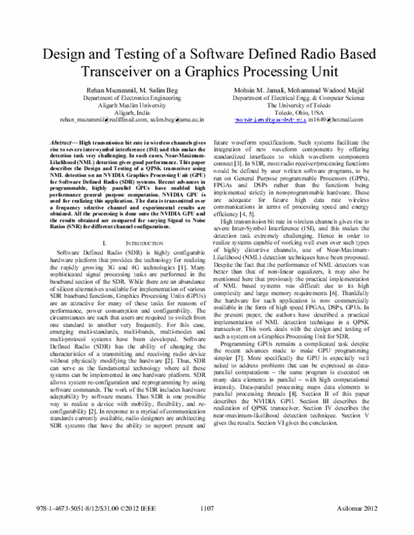 Pdf Design And Testing Of A Software Defined Radio Based Transceiver On A Graphics Processing Unit