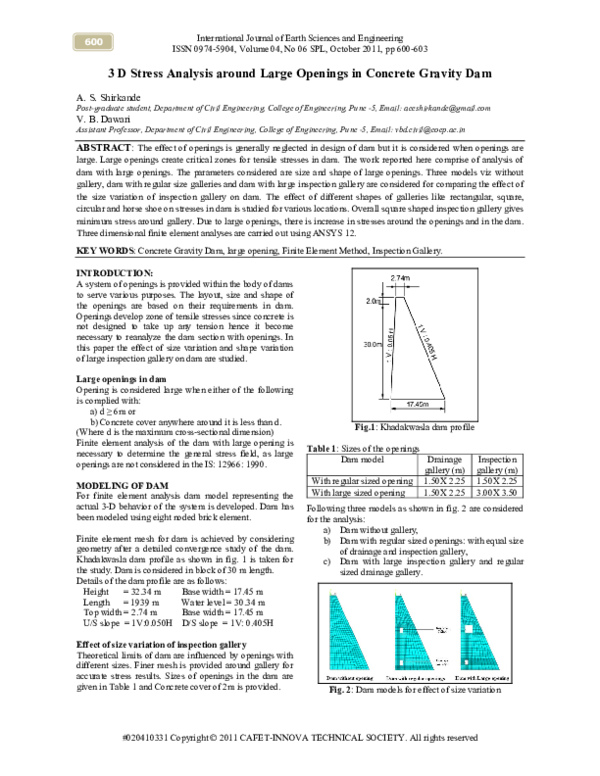 (PDF) 3 D Stress Analysis around Large Openings in Concrete Gravity Dam