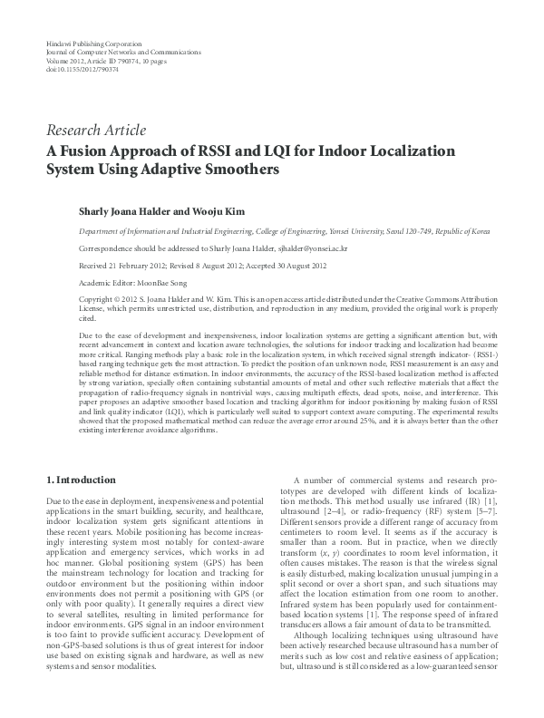 (PDF) A Fusion Approach of RSSI and LQI for Indoor Localization System Using Adaptive Smoothers