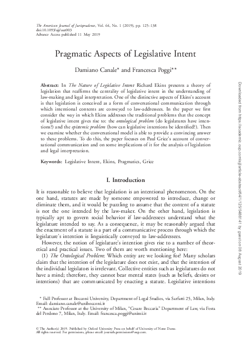 (PDF) Pragmatic Aspects of Legislative Intent