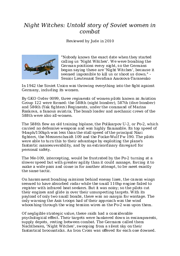 (DOC) BR23 Night Witches: The untold story of Soviet women in aerial combat