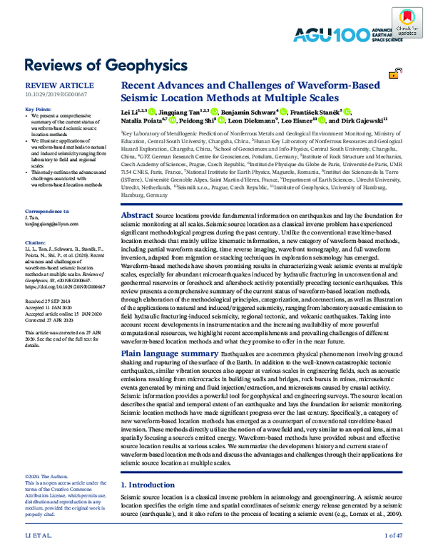 (PDF) Recent advances and challenges of waveform-based seismic location methods at multiple scales