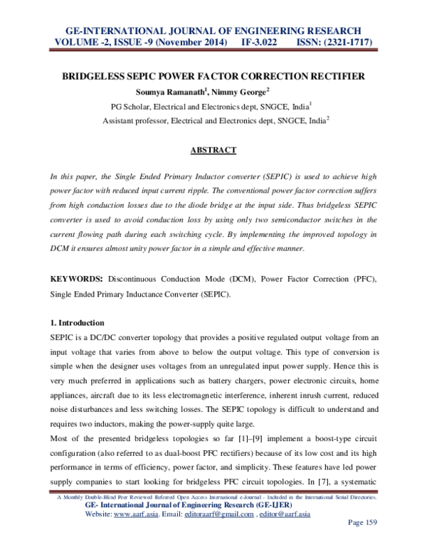 Pdf Bridgeless Sepic Power Factor Correction Rectifier