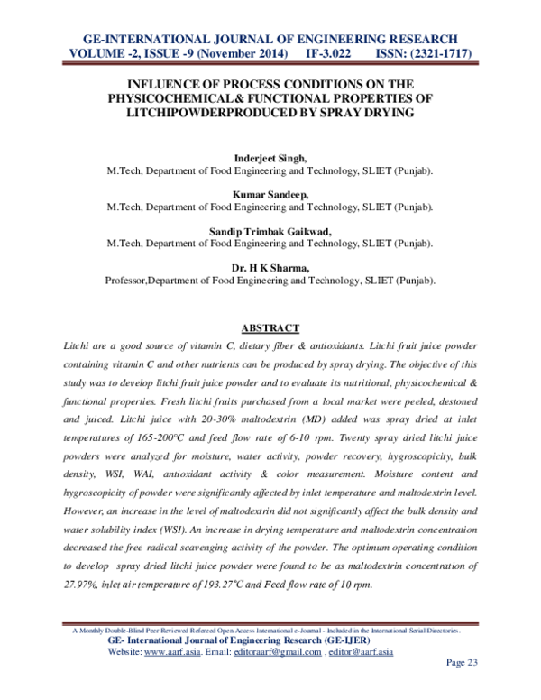 (PDF) INFLUENCE OF PROCESS CONDITIONS ON THE PHYSICOCHEMICAL& FUNCTIONAL PROPERTIES OF ...