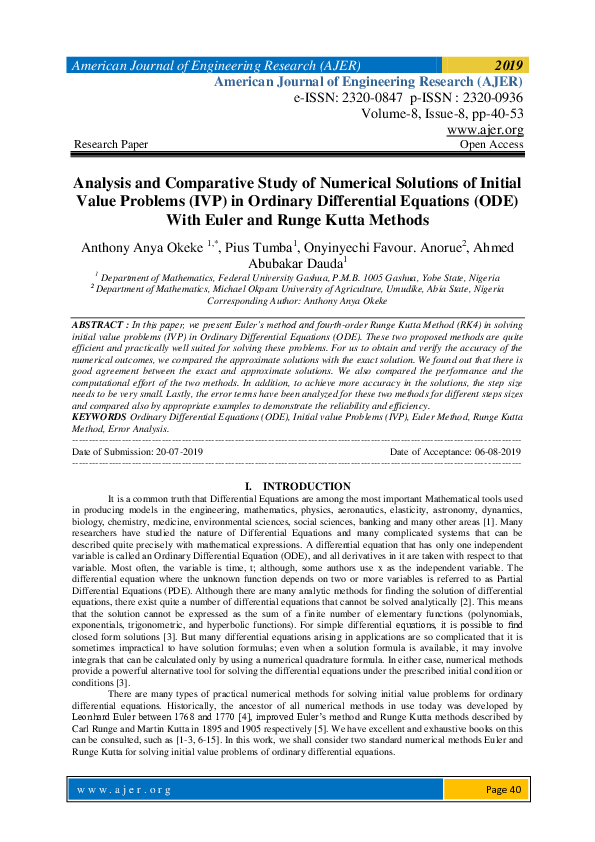 (PDF) Analysis and Comparative Study of Numerical Solutions of Initial Value Problems (IVP) in ...