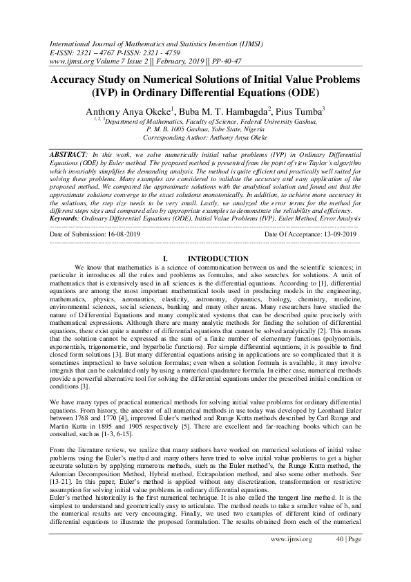 (PDF) Accuracy Study on Numerical Solutions of Initial Value Problems (IVP) in Ordinary ...