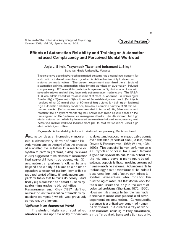 Pdf Effects Of Automation Reliability And Training On Automation Induced Complacency And 1375