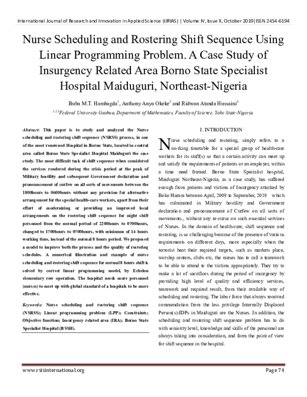 Pdf Nurse Scheduling And Rostering Shift Sequence Using Linear Programming Problem A Case