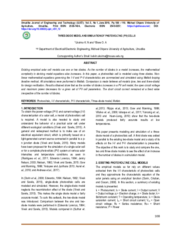 (PDF) THREE-DIODE MODEL AND SIMULATION OF PHOTOVOLTAIC (PV) CELLS