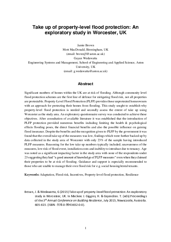 (PDF) Take up of property-level flood protection: An exploratory study ...
