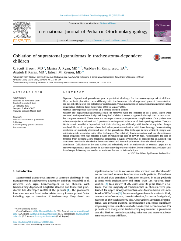 (PDF) Coblation of suprastomal granulomas in tracheostomy-dependent ...