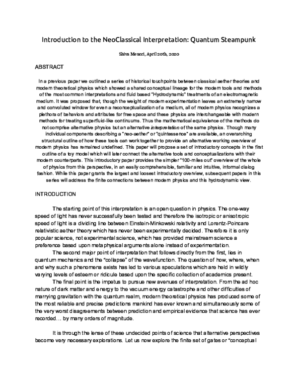 (PDF) Introduction to the NeoClassical Interpretation: Quantum Steampunk