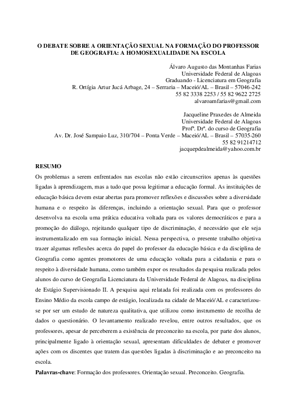 Pdf O Debate Sobre A OrientaÇÃo Sexual Na FormaÇÃo Do Professor De
