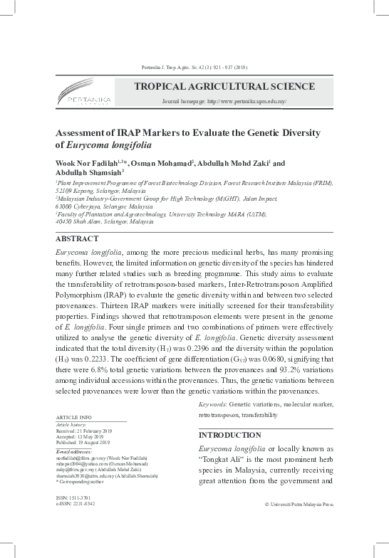 (PDF) TROPICAL AGRICULTURAL SCIENCE Assessment of IRAP Markers to ...