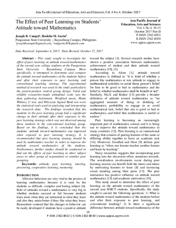 (PDF) The Effect of Peer Learning on Students' Attitude toward Mathematics