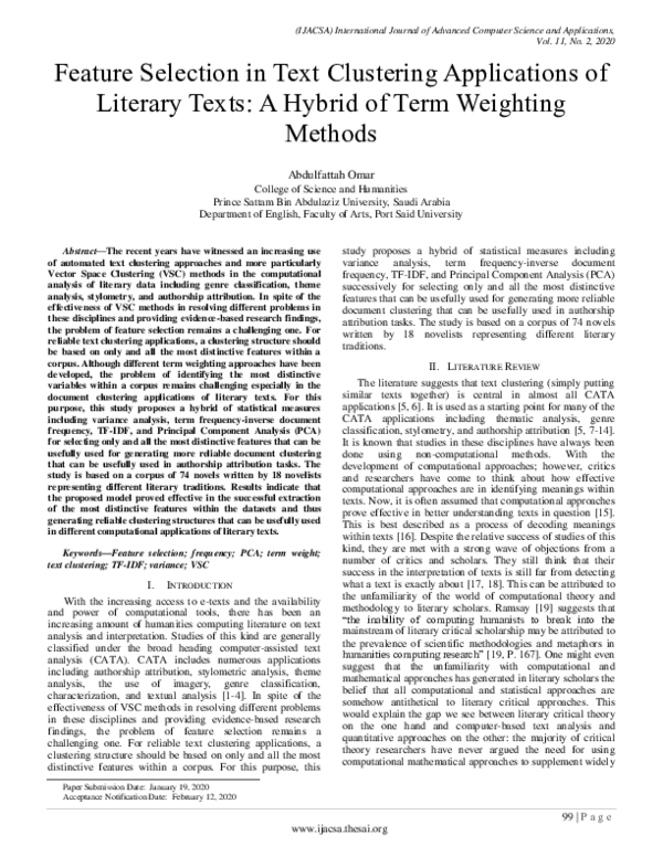 Pdf Feature Selection In Text Clustering Applications Of Literary Texts A Hybrid Of Term