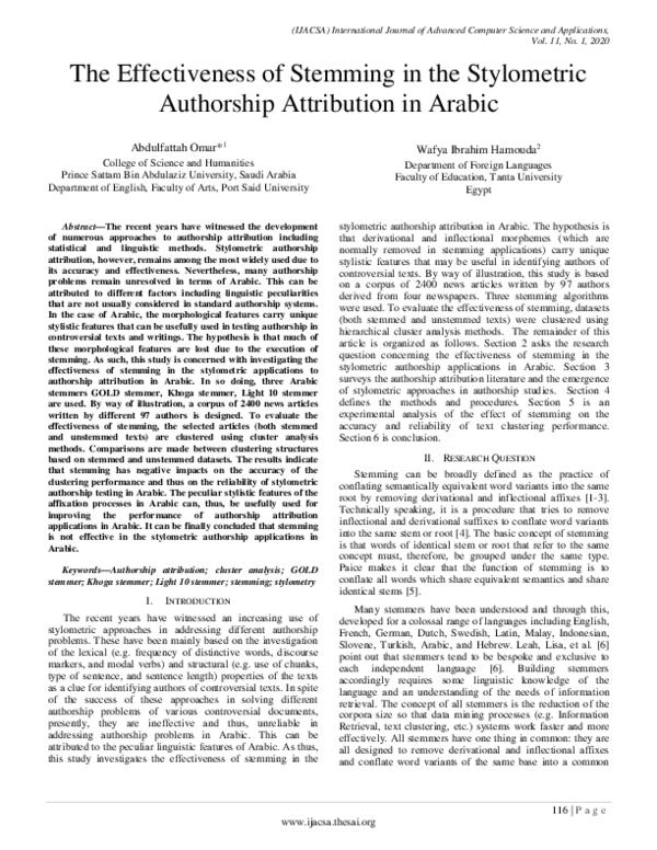 (PDF) The Effectiveness of Stemming in the Stylometric Authorship Attribution in Arabic