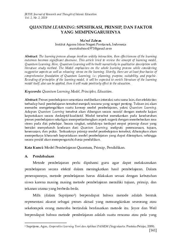 (PDF) QUANTUM LEARNING: SPESIFIKASI, PRINSIP, DAN FAKTOR YANG MEMPENGARUHINYA