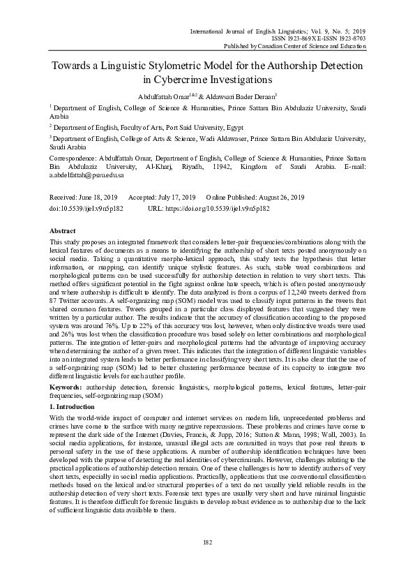 (PDF) Towards a Linguistic Stylometric Model for the Authorship Detection in Cybercrime ...