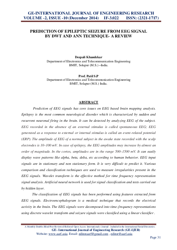 Pdf Prediction Of Epileptic Seizure From Eeg Signal By Dwt And Ann