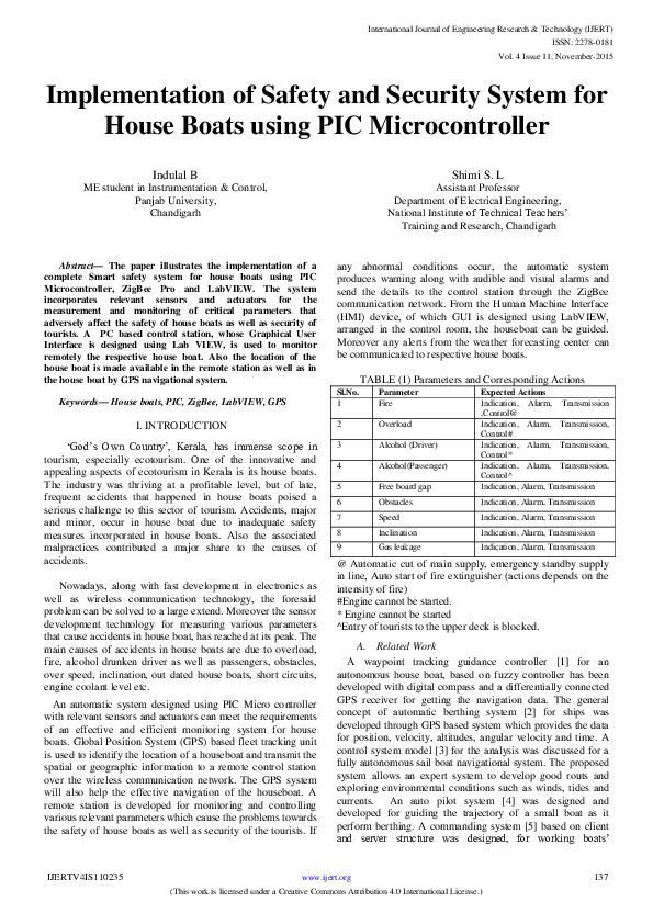 Pdf Ijert Implementation Of Safety And Security System For House Boats Using Pic 5040
