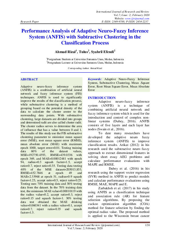 Pdf Performance Analysis Of Adaptive Neuro Fuzzy Inference System Anfis With Subtractive