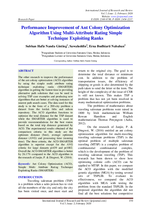 (PDF) Performance Improvement of Ant Colony Optimization Algorithm Using Multi-Attribute Rating ...