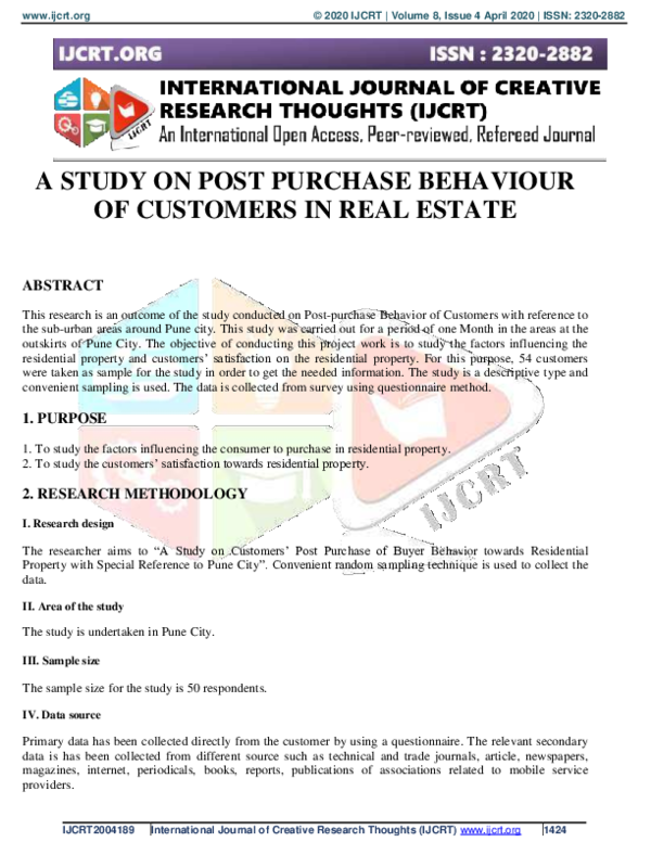 (PDF) A STUDY ON POST PURCHASE BEHAVIOUR OF CUSTOMERS IN REAL ESTATE