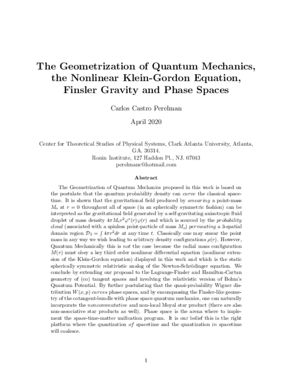 (PDF) The Geometrization of Quantum Mechanics, the Nonlinear Klein-Gordon Equation, Finsler ...