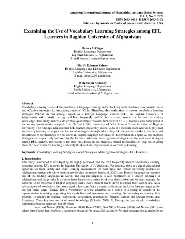 PDF Examining The Use Of Vocabulary Learning Strategies Among EFL Learners In Baghlan pdf-examining-the-use-of-vocabulary-learning-strategies-among-efl-learners-in-baghlan