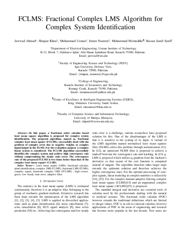Pdf Fclms Fractional Complex Lms Algorithm For Complex System Identification