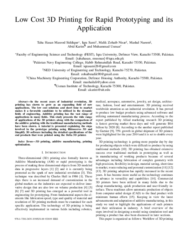 (PDF) Low Cost 3D Printing for Rapid Prototyping and its Application