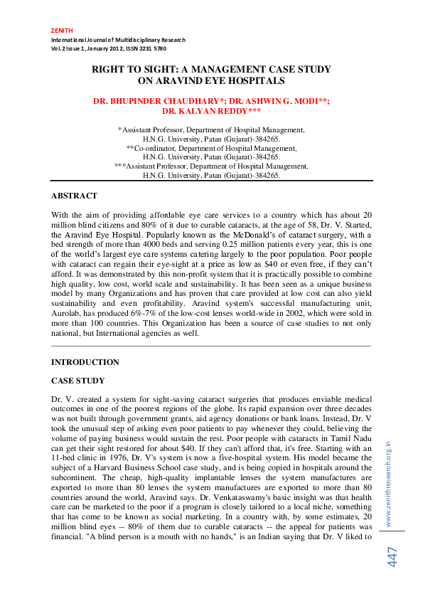 (PDF) RIGHT TO SIGHT: A MANAGEMENT CASE STUDY ON ARAVIND EYE HOSPITALS