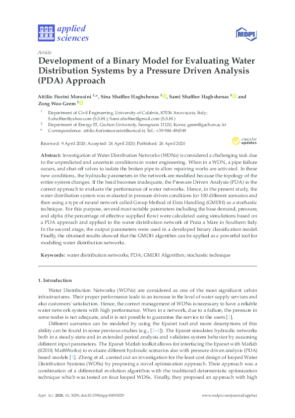 (PDF) Development of a Binary Model for Evaluating Water Distribution Systems by a Pressure ...