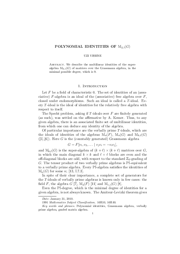 (PDF) Polynomial Identities of M 2,1 ( G )