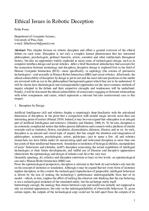 (PDF) Ethical Issues in Robotic Deception 1st Draft