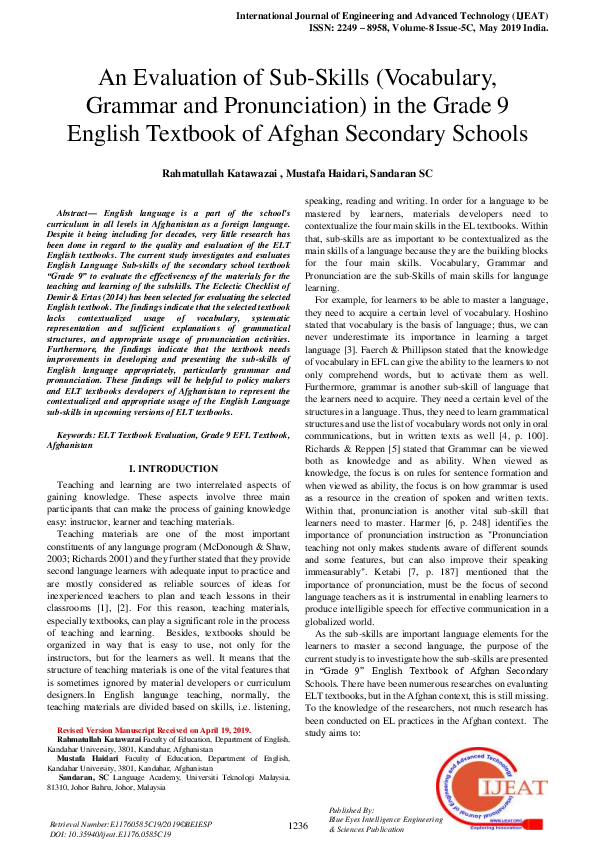 (PDF) An Evaluation of Sub Skills Vocabulary Grammar and Pronunciation ...