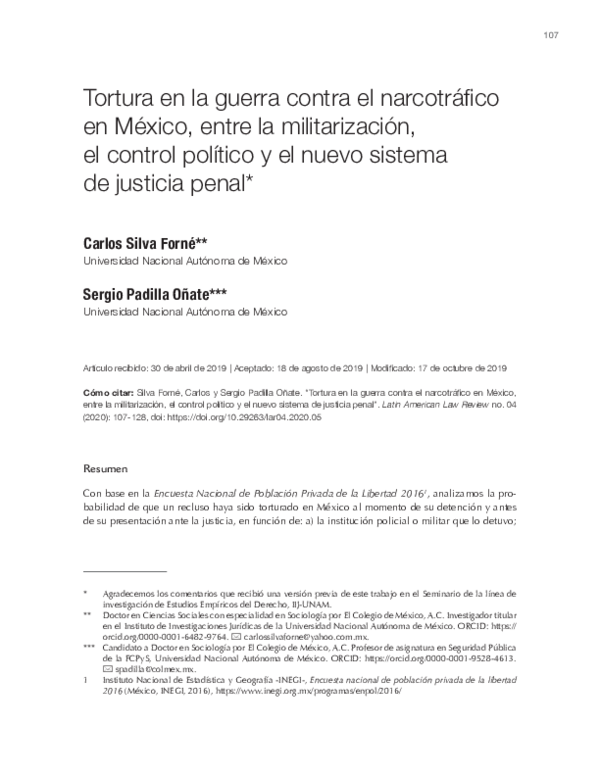 (PDF) Tortura en la guerra contra el narcotráfico en México, entre la militarización, el control ...
