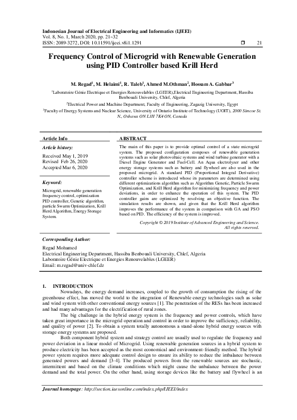 (PDF) Frequency Control of Microgrid with Renewable Generation using PID Controller based Krill Herd