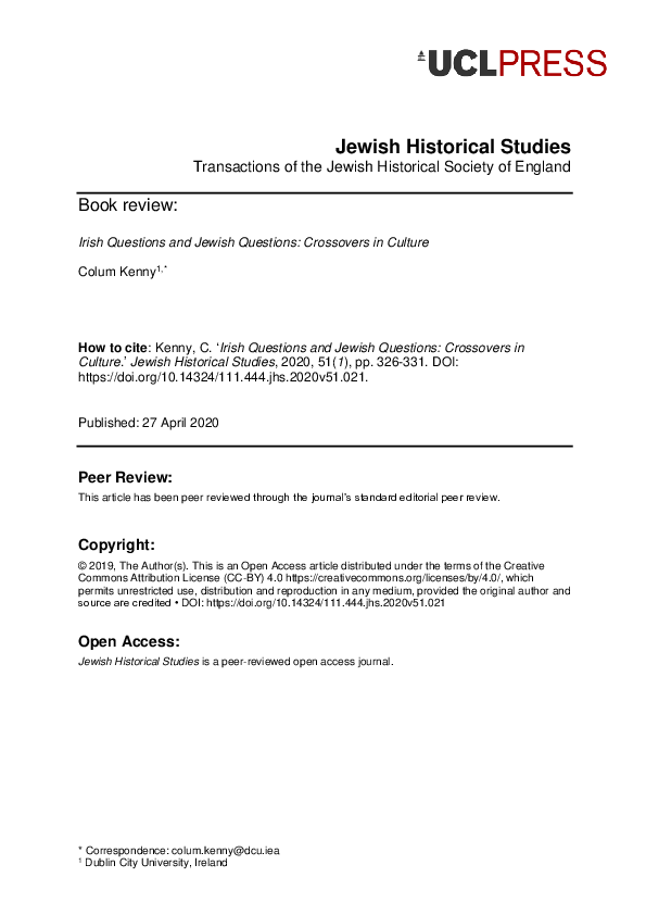 (PDF) Colum Kenny. Review of "Irish Questions and Jewish Questions ...