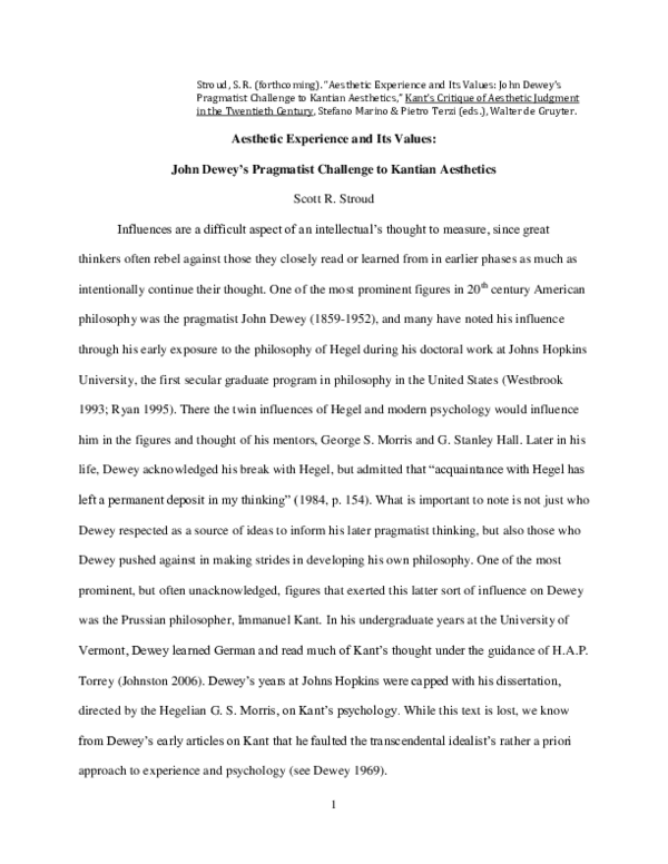 (PDF) Aesthetic Experience and Its Values: John Dewey’s Pragmatist Challenge to Kantian Aesthetics