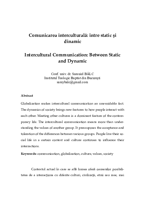 (PDF) Samuiel BÂLC, Comunicarea interculturală: între static și dinamic / Intercultural ...