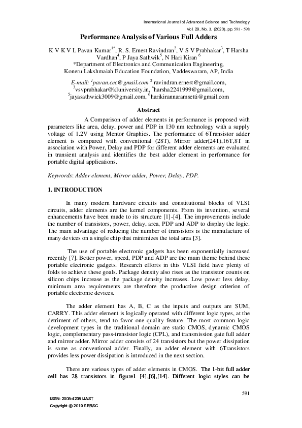 (PDF) Performance Analysis of Various Full Adders | Ernest Ravindran R S - Academia.edu