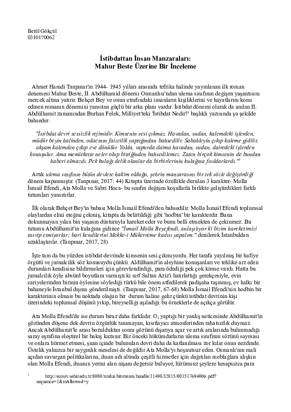 (DOC) İstibdattan İnsan Manzaraları: Ahmet Hamdi Tanpınar- Mahur Beste ...