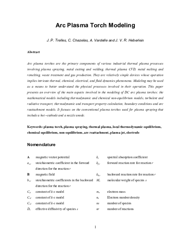 Pdf Arc Plasma Torch Modeling