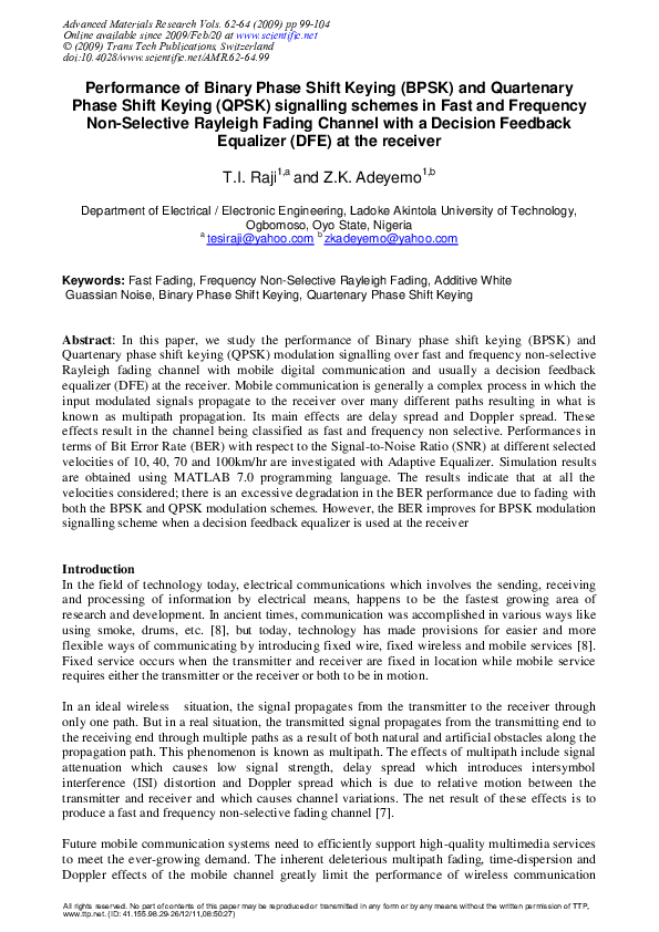 (PDF) Performance of Binary Phase Shift Keying (BPSK) and Quartenary Phase Shift Keying (QPSK ...
